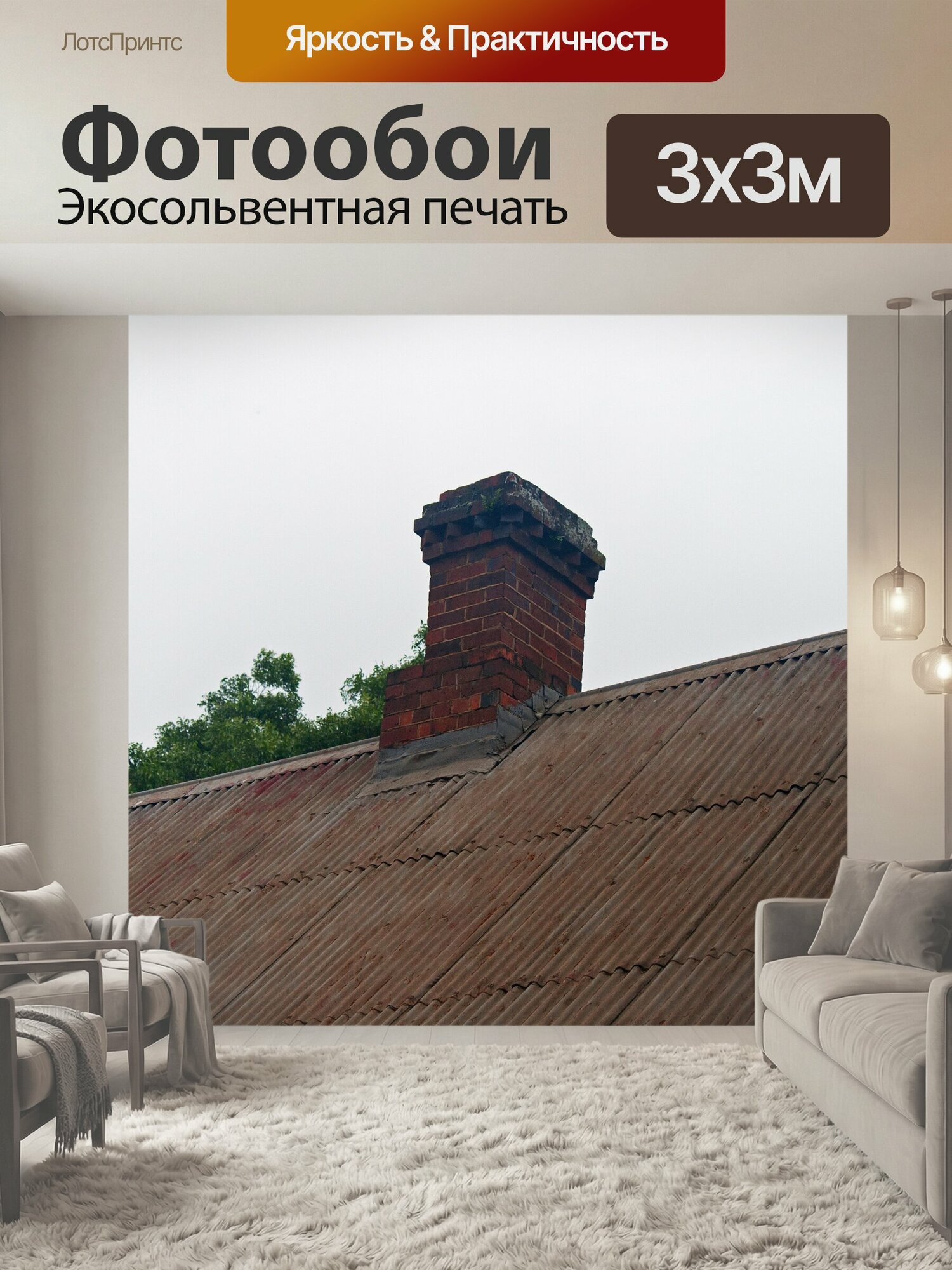 Фотообои "Дымоход на крыше старого дома дымоход на крыше старого дома с железной крышей дымоход кирпич красный крыша рифленое железо скос." 300x300 см. экосольвентная печать