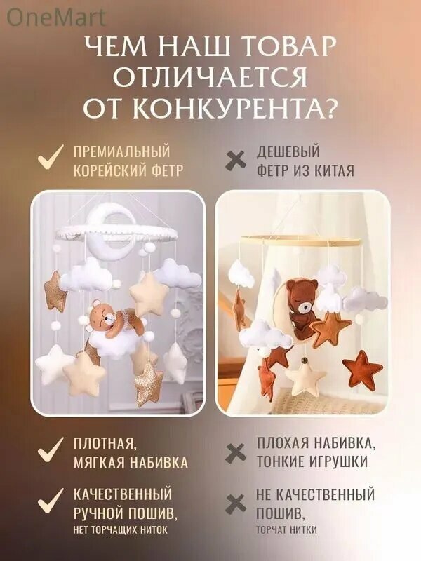 Мобиль детский с подвесными игрушками, текстиль, голубой с подсветкой, 10 игрушек — фото 1