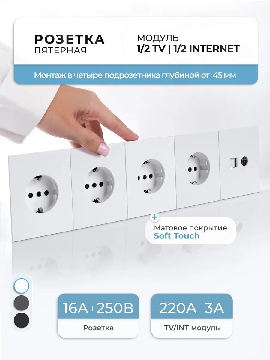 Розетка пятерная белая для тв и интернета RJ45 категория 6