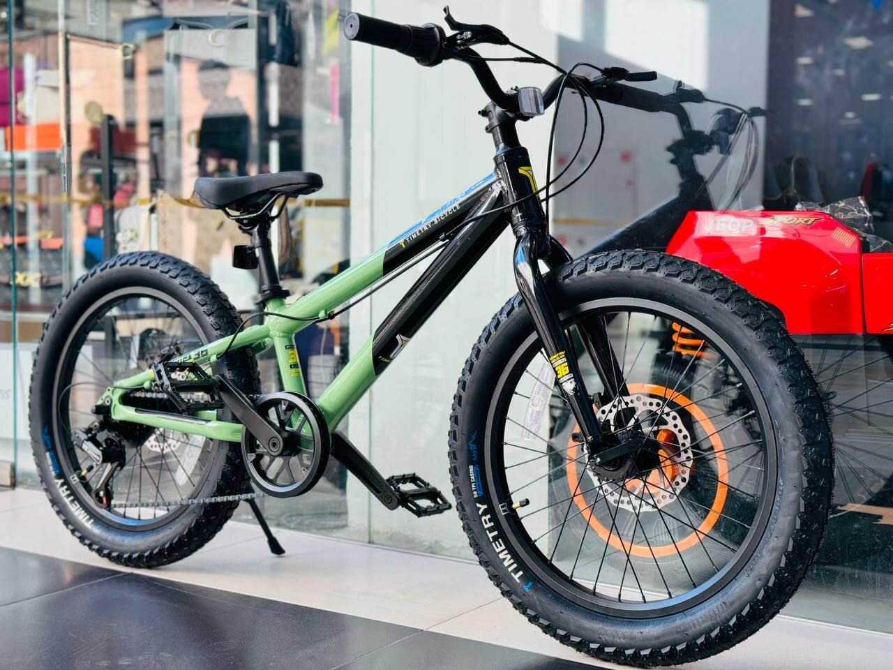 Горный детский велосипед фэтбайк fatbike TimeTry 290 7s, 20 дюймов / для мальчиков и девочек, для прогулки / скоростной, спортивный велик, черный / зеленый