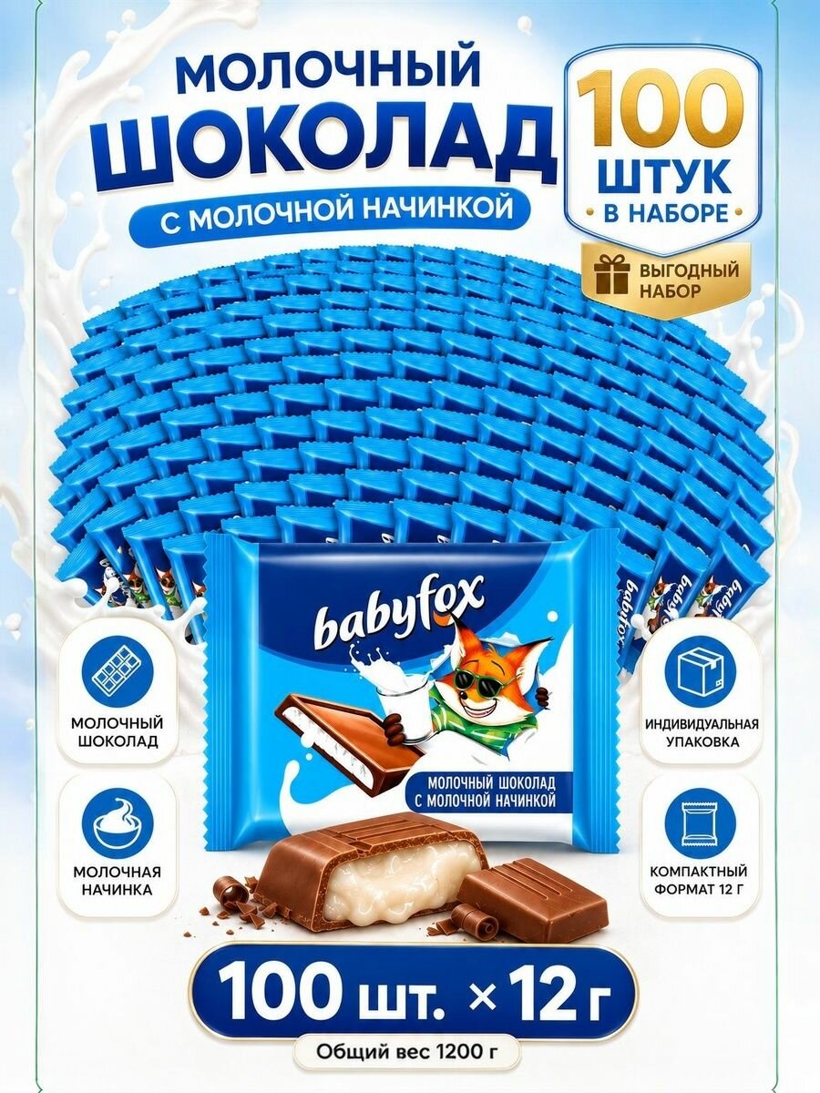 Шоколад молочный Бэби фокс Baby fox с молочной начинкой, 100 шт по 12 гр