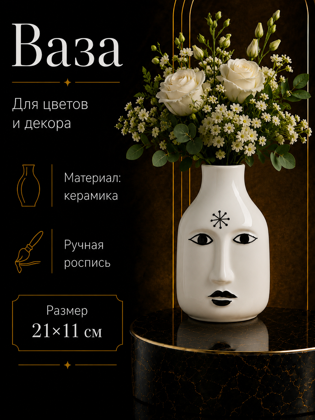 Ваза Сима-ленд «Пикассо» (ручная роспись), снежинка, 21х11 см, чёрно-белый