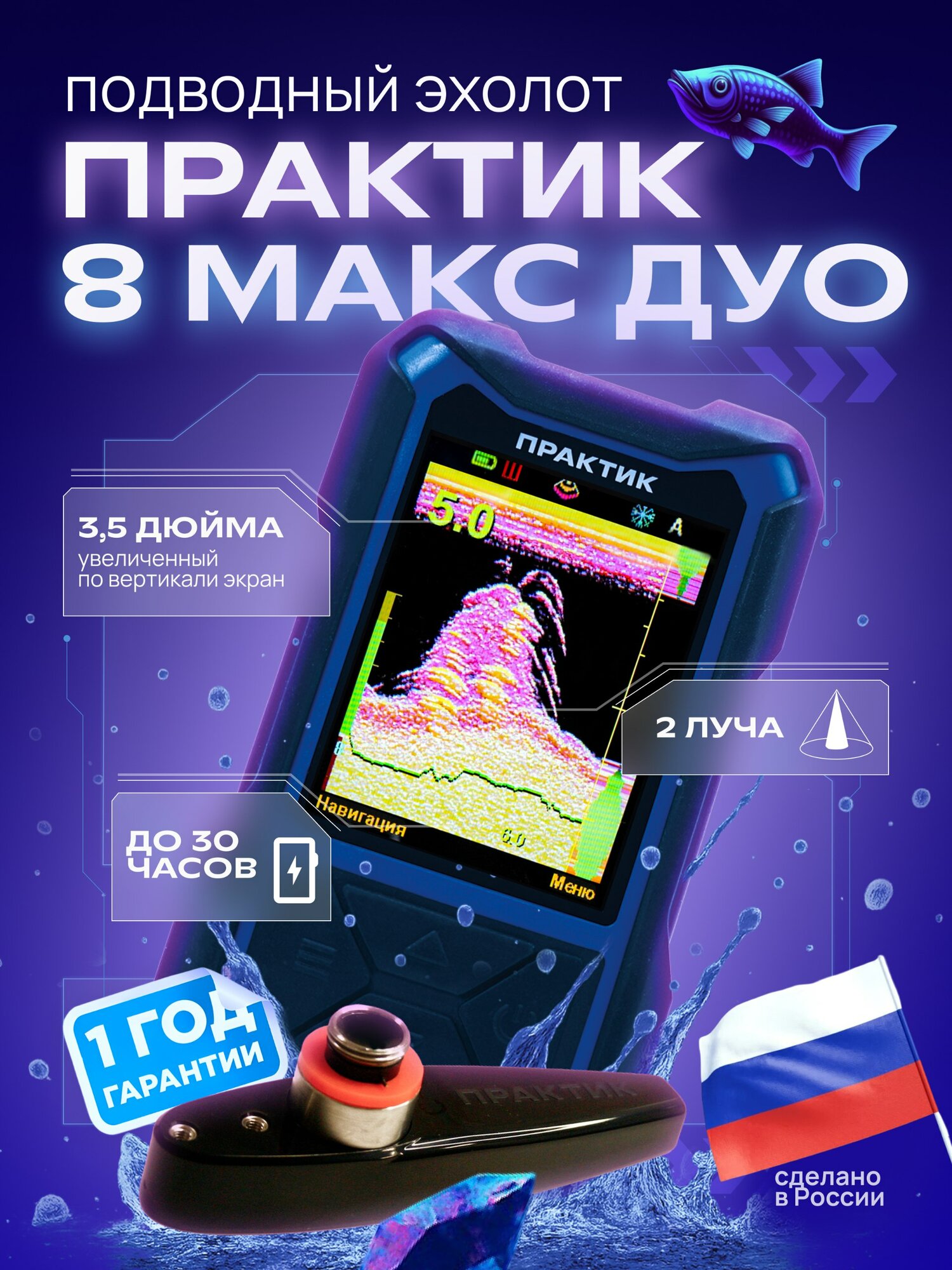Эхолот Практик 8 макс ДУО с увеличенным экраном и структурным датчиком Эховизор для ловли зимой и летом с лодки, портативный