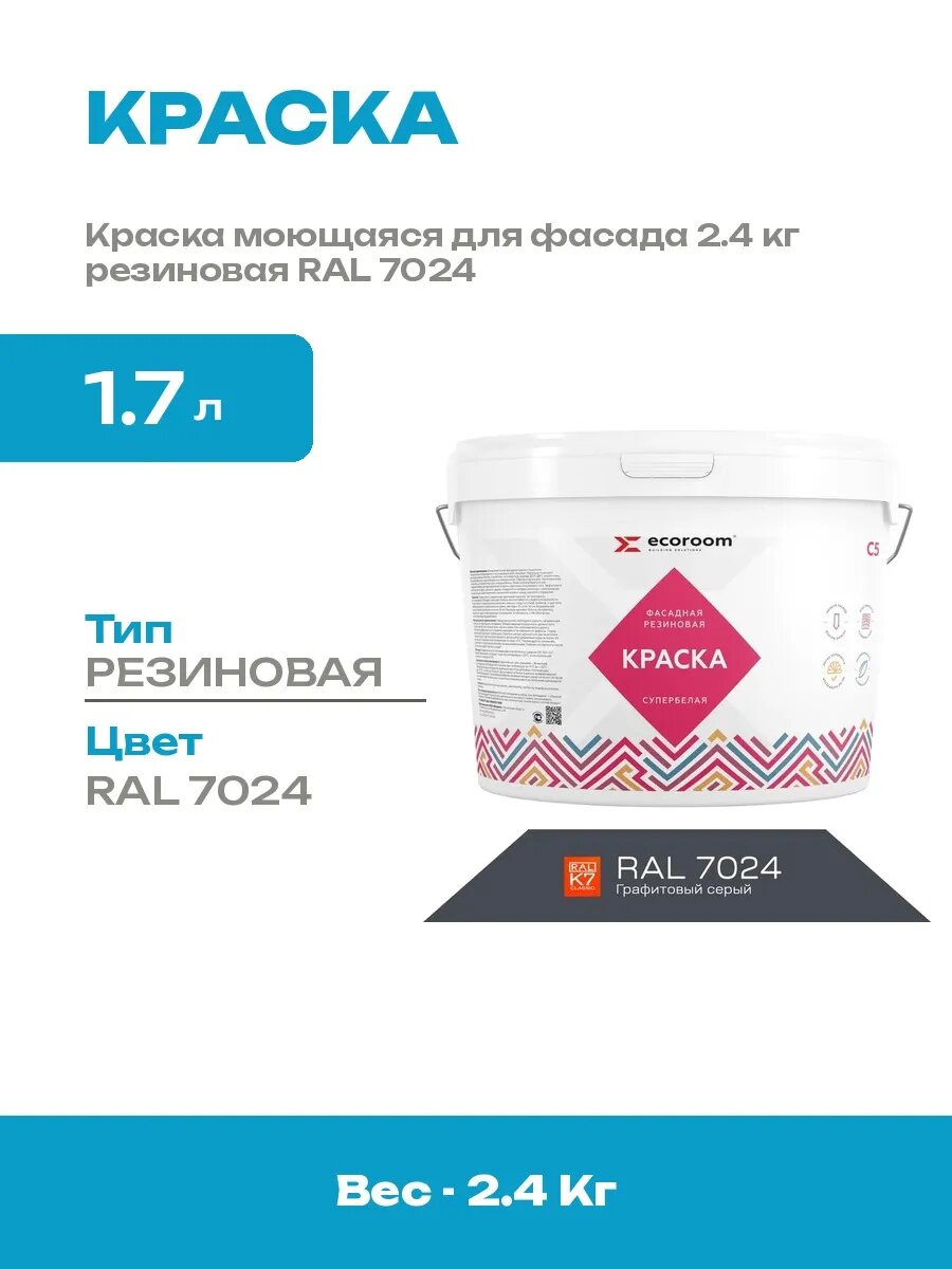 Фасадная резиновая краска RAL 7024 графитовый серый 2.4 кг