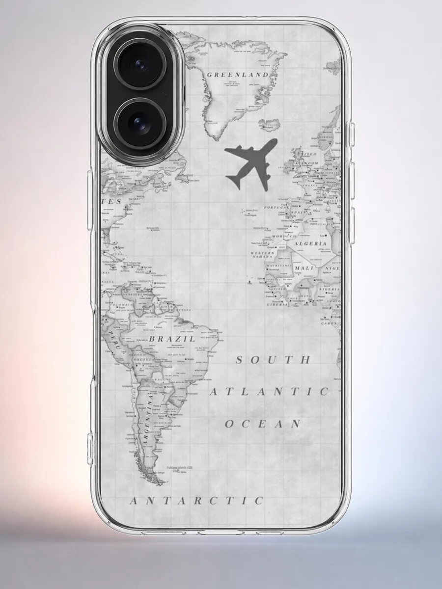 Чехол iPhone 16 карта мира самолет силиконовый прозрачный