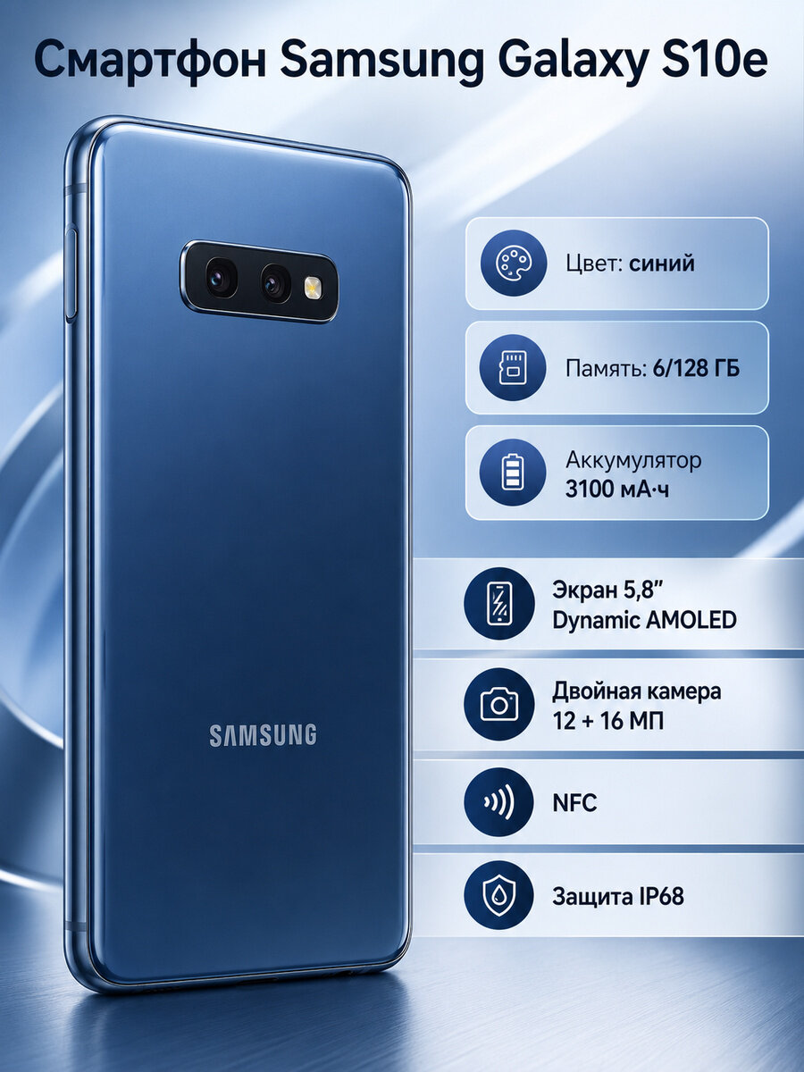 Смартфон Samsung Galaxy S10e 6/128 ГБ, синий, NFC, компактный
