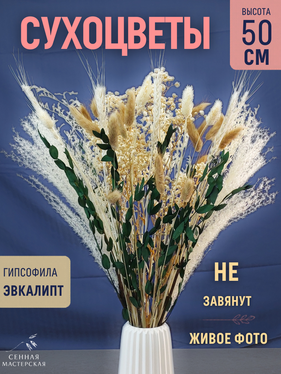 Букет из сухоцветов с эвкалиптом и гипсофилой стабилизированный белый. Сухоцветы для вазы для декора, 50 см