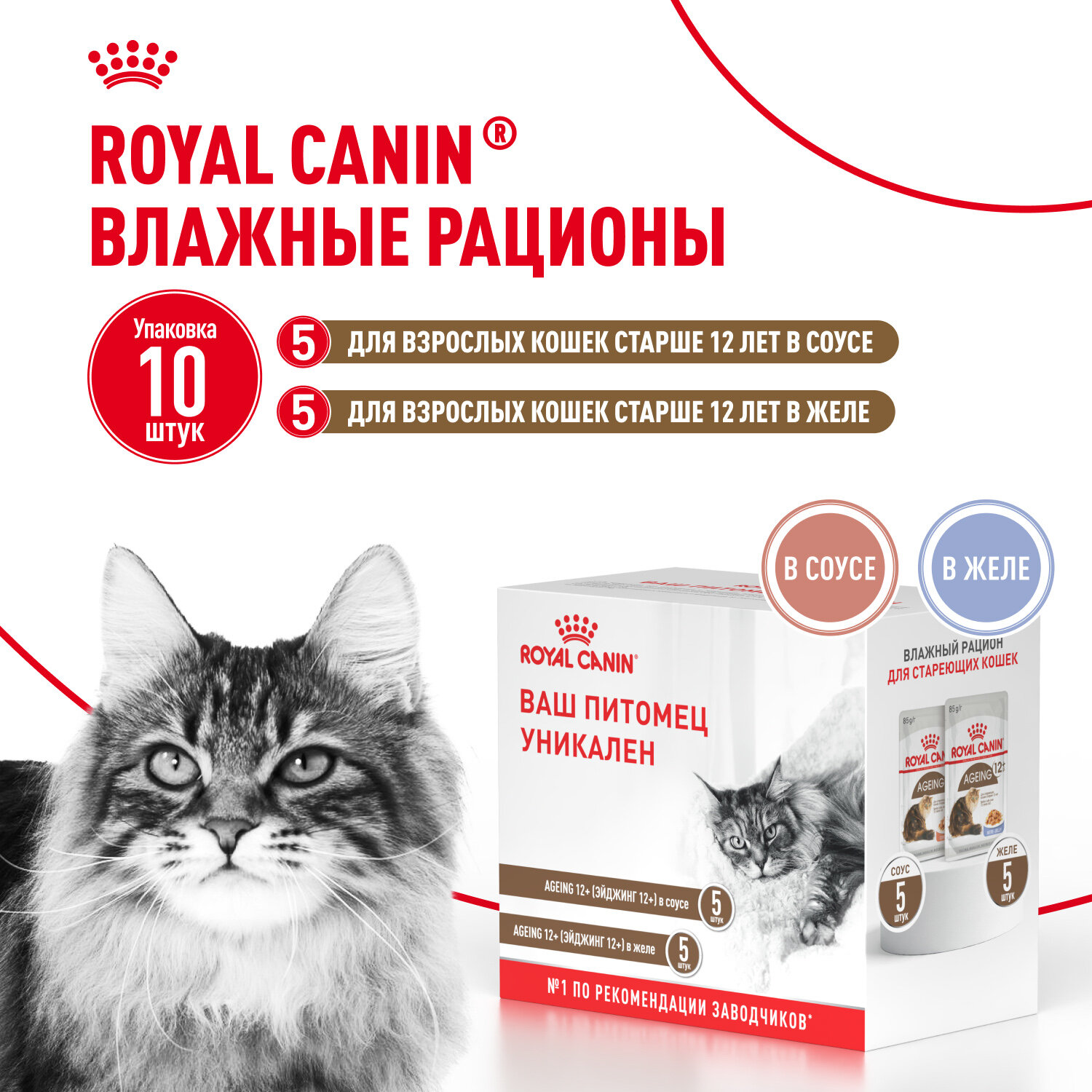 Влажный корм для кошек пожилых Royal Canin Ageing, кусочки в соусе, кусочки в желе, 10 шт по 85 г