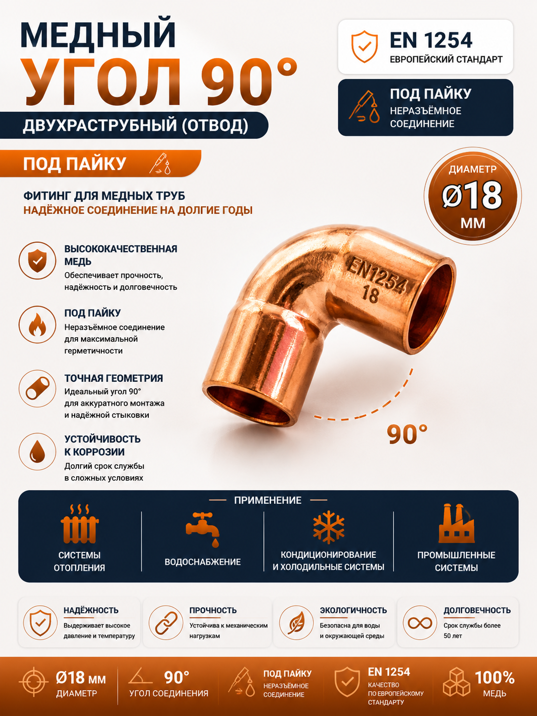 Медный двухраструбный угол (отвод) 90 градусов, диаметр 18 мм, EN 1254 18