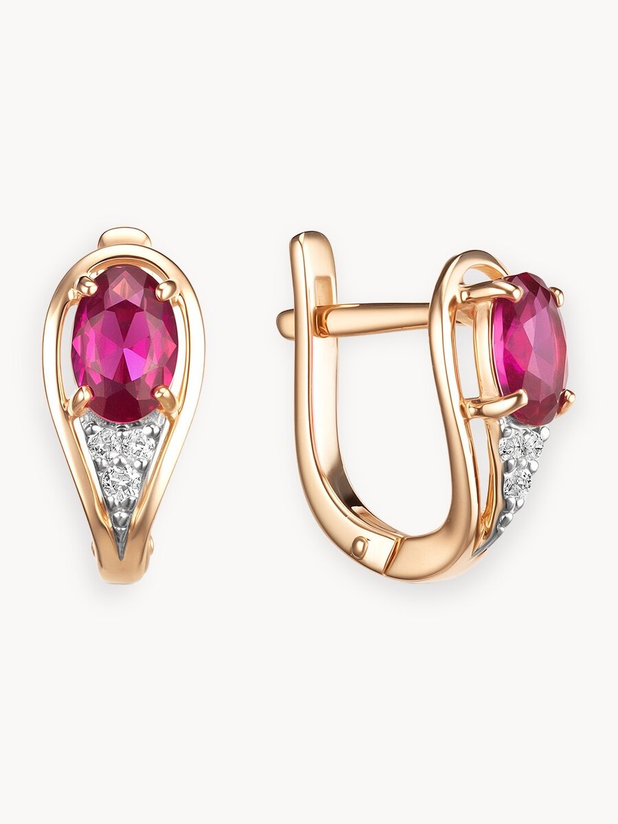 Серьги, красное золото, 585 проба, бриллиант, рубин синтетический