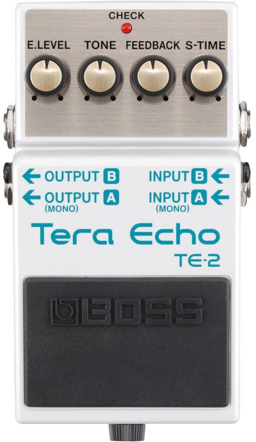 Педаль эхо-эффекта Tera Echo BOSS [TE-2] Регуляторы: E.Level, Tone, Feedback, S? Time. Функция Freeze. Моно/стерео разъёмы, питание 9 В. Металлический корпус. Габариты: 12,9х7,3х5,9 см, вес: 435 г.