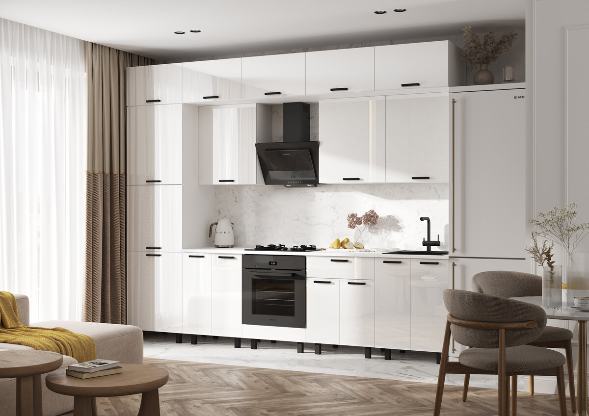 Кухонный гарнитур Техно 3,0 Компоновка №6 Белый Глянец/Белый