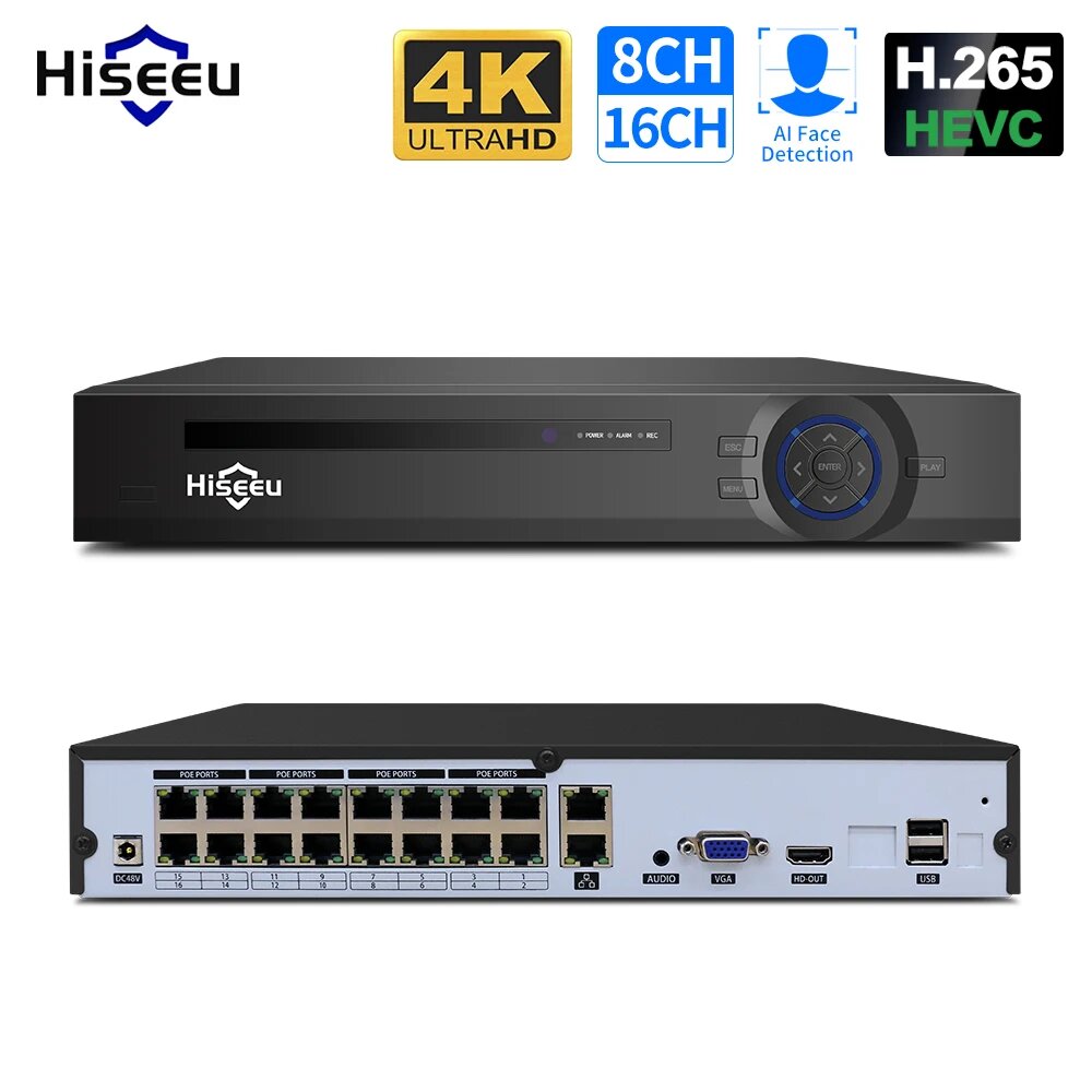 Hiseeu 4K 16CH POE NVR Видеорегистратор 3T (Спортивная одежда для активного отдыха)