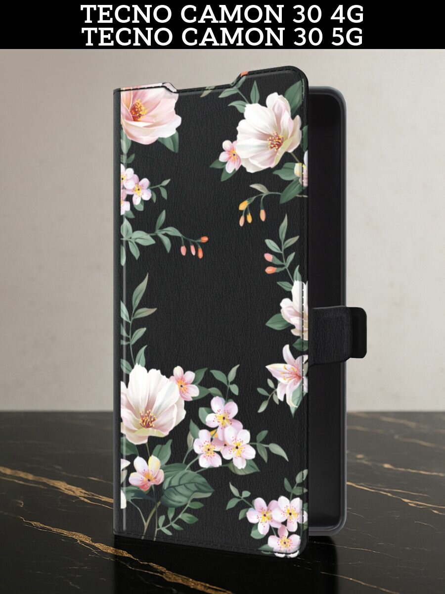 Чехол-книжка на Tecno Camon 30 4G / Tecno Camon 30 5G (Текно Камон 30 4G / Текно Камон 30 5G) с картой и принтом "Beautiful white flowers"