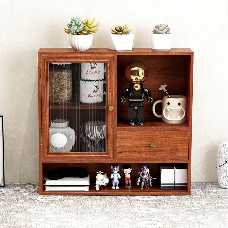 Настенный деревянный шкаф с рифлёным стеклом, настольная полка для хранения посуды и украшений,47,13.5,49.5, коричневый