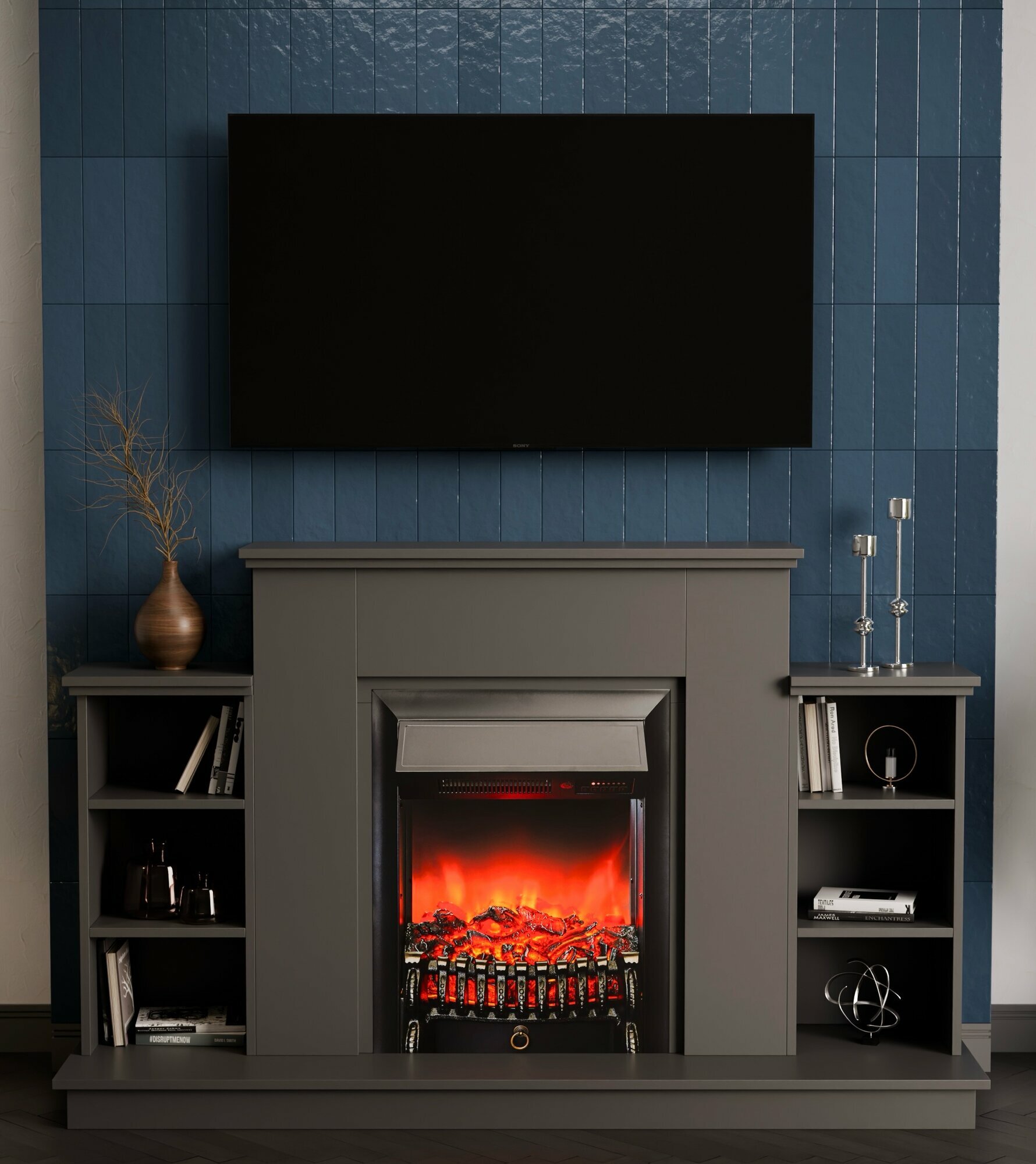 Камин электрический Ostin графит с очагом Fobos, обогрев, звук потрескивания дров (электрокамин с полками, тв-тумба)