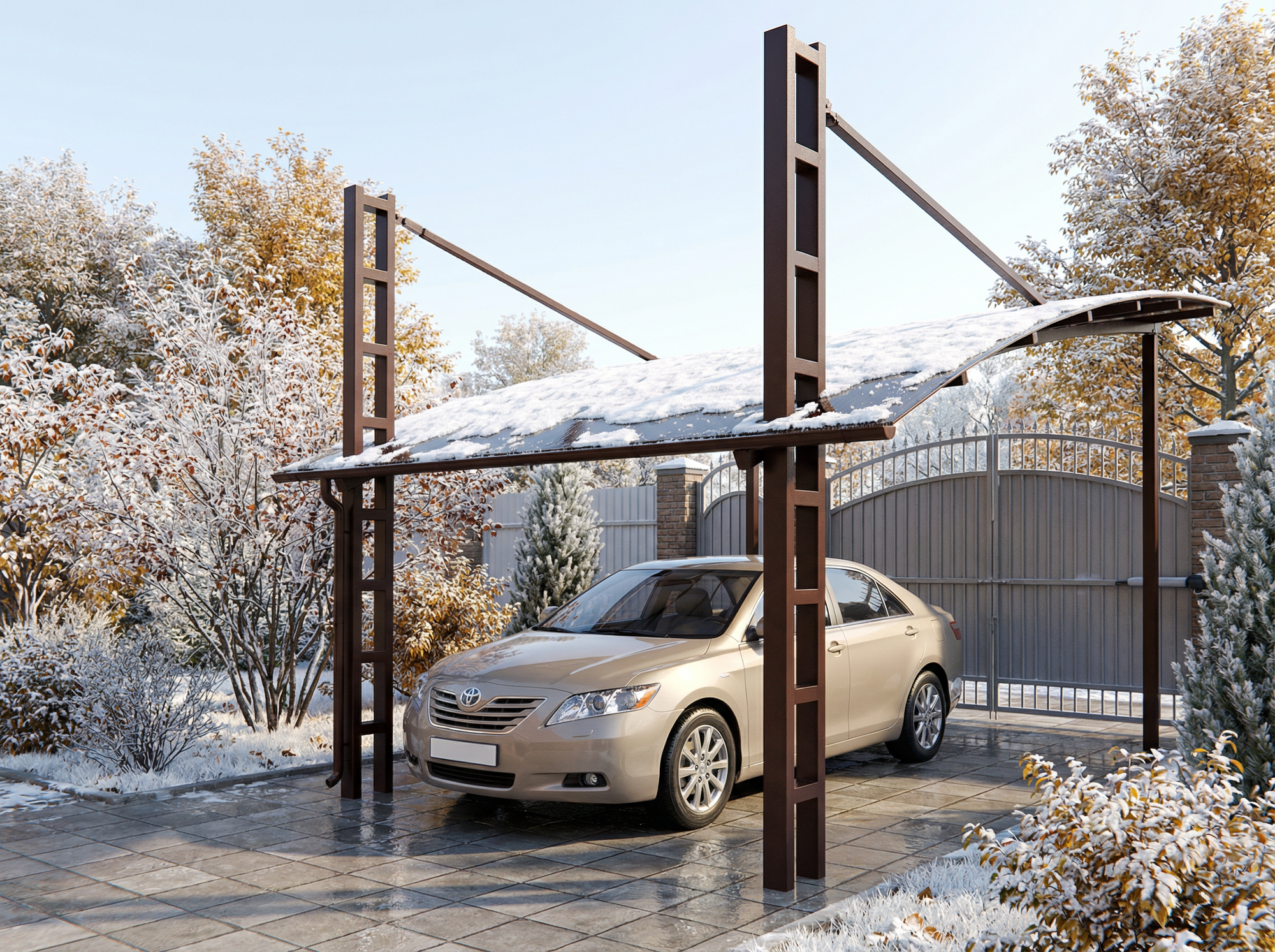 Автонавес консольный TEHNO ARL-A, поликарбонат входит в комплект, размер 3,85x7,4 м, цвет шоколад RAL 8017