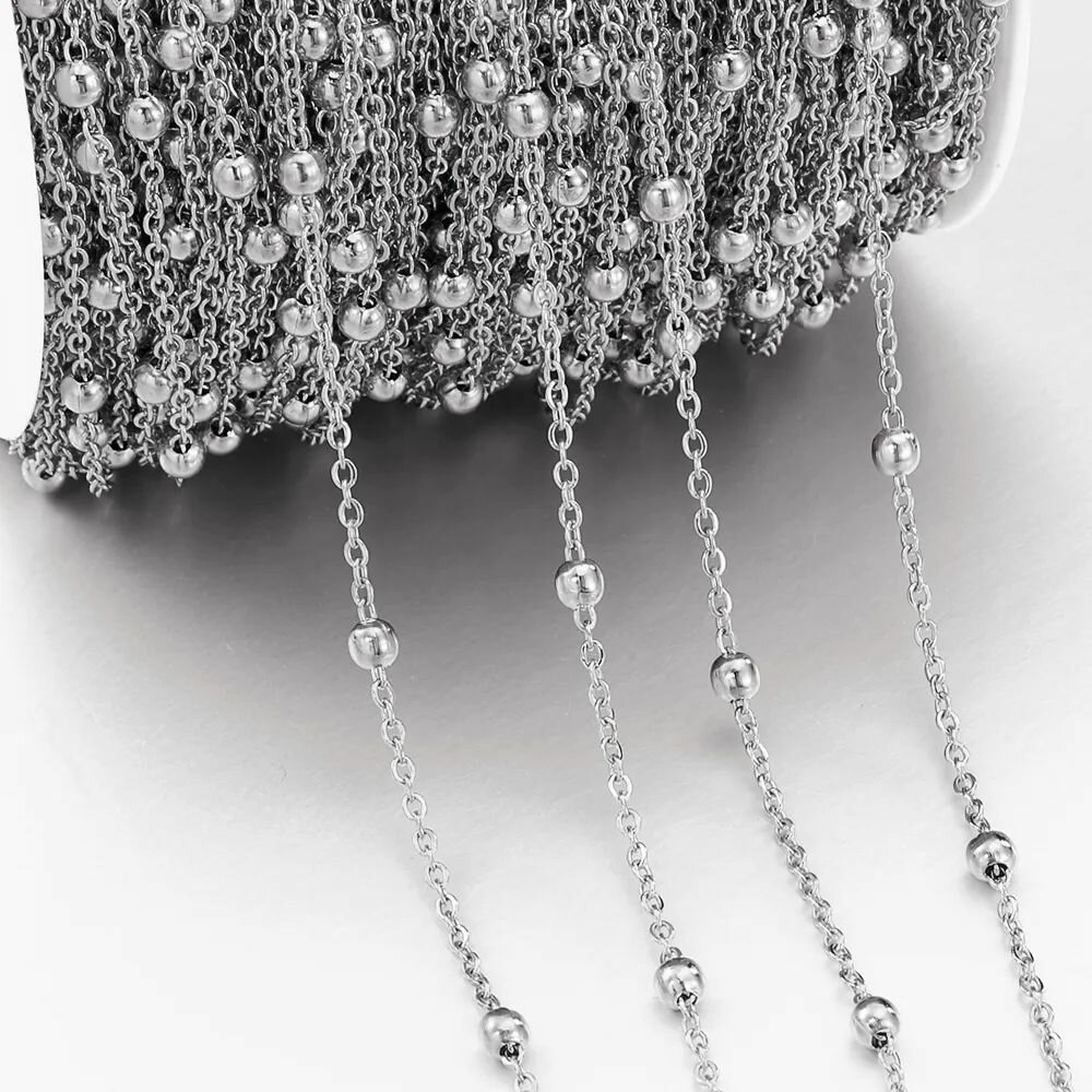 Цепочка из бисера из нержавеющей стали, стального цвета, длина 0,5 м, универсальная ювелирная лента для подвесок, брелоков и рукоделия