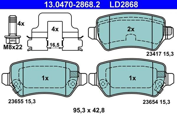 Колодки тормозные ATE 13-0470-2868-2, задние, с датчиком Ceramic Opel Astra G 1.2-2.2, DTI, CDTI, 16V 09, 98-01, 05, H 1.2-2.0, CDTI 03, 04, Meriva 1.3-1.8, CDTI, 16V 05, 03, Zafira 1.6-2.2, CDTI 04