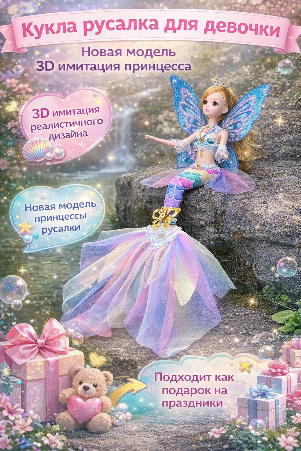 Небесно-голубая кукла-русалка для девочки