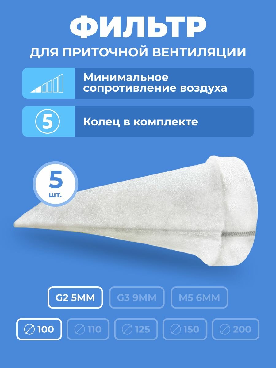 Фильтр канальный для приточной вентиляции 100 мм G2 с распорными кольцами для КИВ 5 штук в комплекте