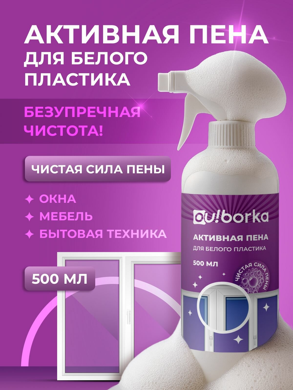 Очиститель антипыль для мытья белого пластика, окон и мебели, 500 мл