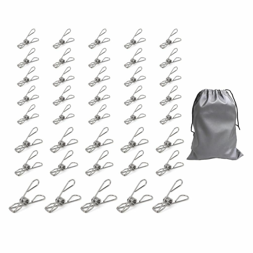 Набор из 40 многофункциональных прищепок из нержавеющей стали трех размеров с сумкой для хранения