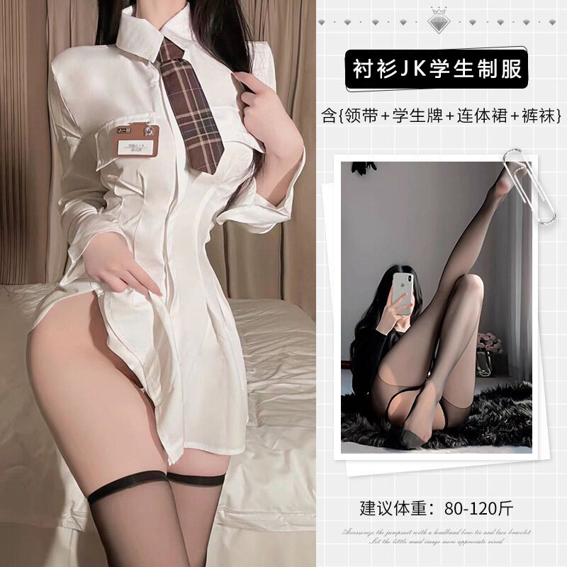 Сексуальное платье-рубашка с длинными рукавами для женщин, стройнящее и подчеркивающее талию, сексуальный комплект школьной формы, комплект школьной формы JK с юбкой и черными чулками с одним разрезом.