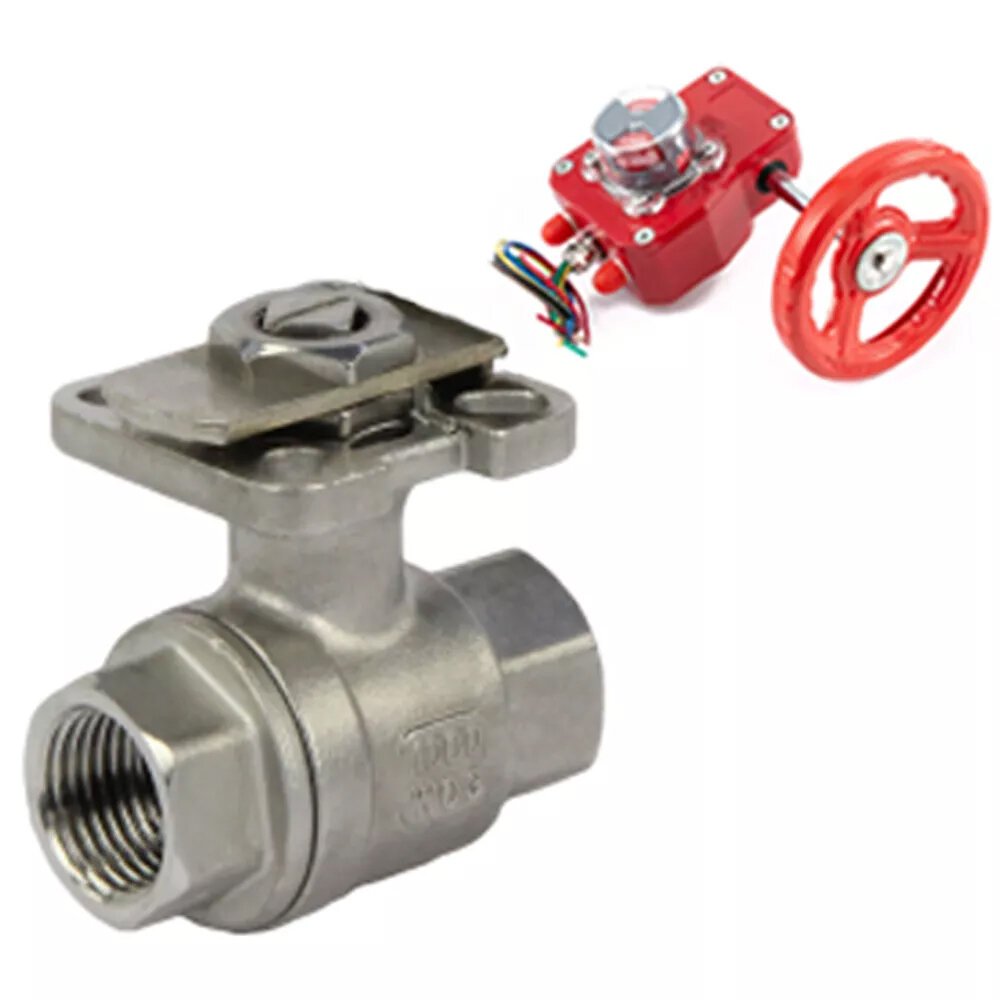 Кран шаровой DN.ru кшмп.316.230-ISO 2" Ду50 Ру63 полнопроходной двухходовой, нержавеющая сталь SS316, внутренняя резьба, уплотнение - PTFE, с редуктором DN.ru HGBF-1