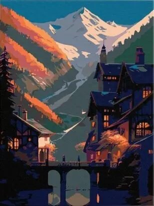 Алмазная Картина Деревня В Горах - Пейзаж 5D Круглый Бриллиант 40х50 См