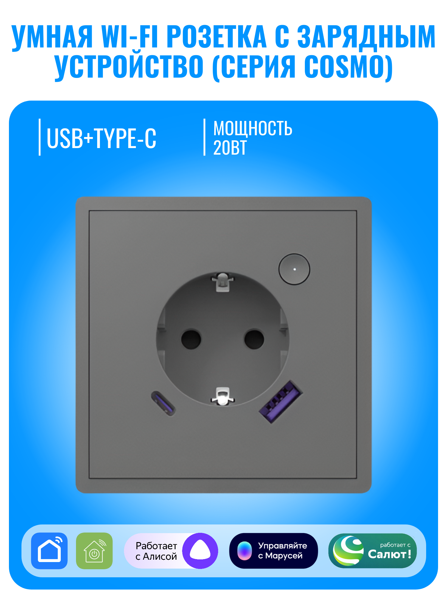 Умная Wi-Fi розетка с зарядным устройством USB и Type-C Smart Aura серия COSMO