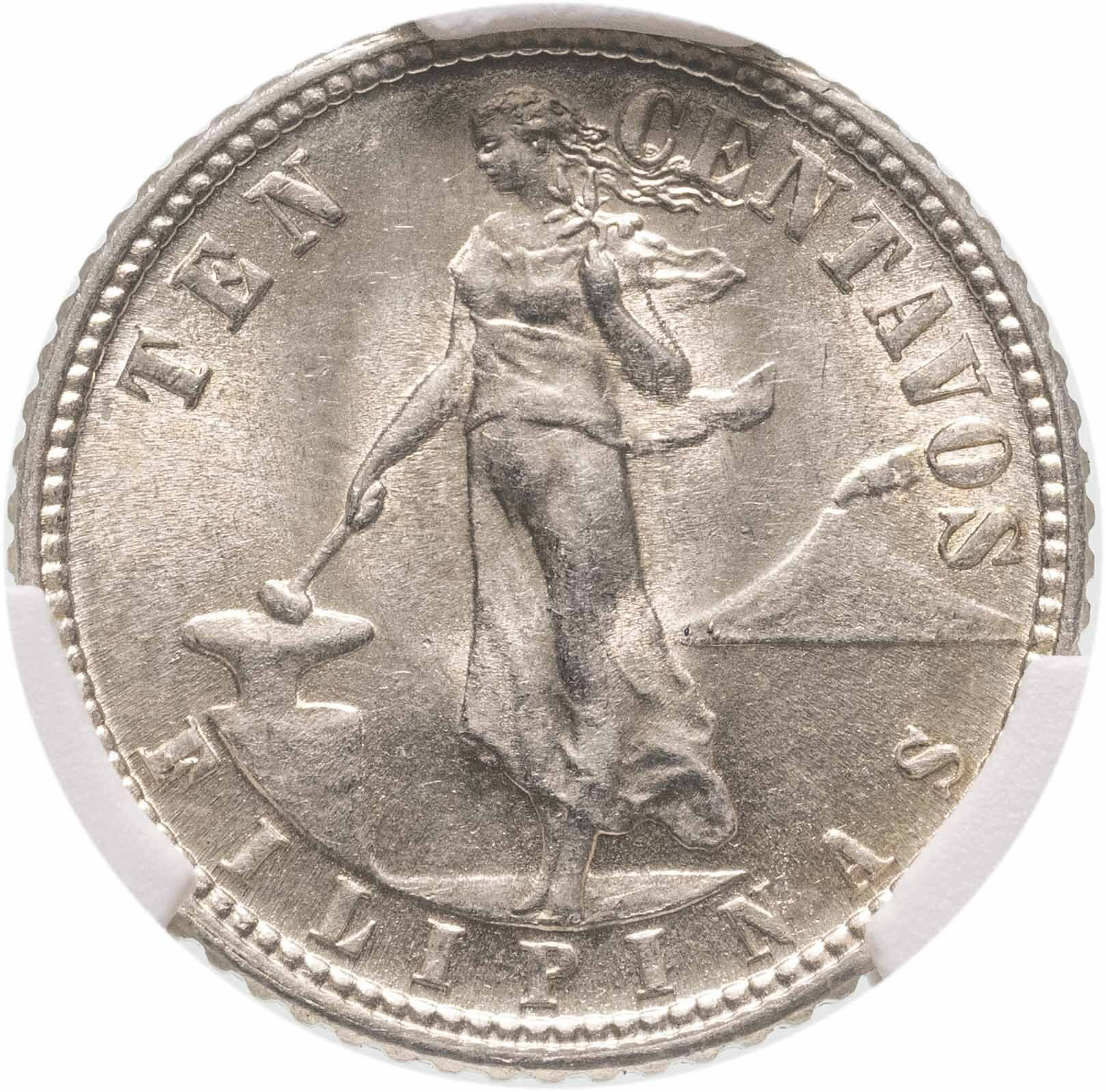 Филиппины 10 сентаво centavos 1944, Серебро 750, в сохранности UNC