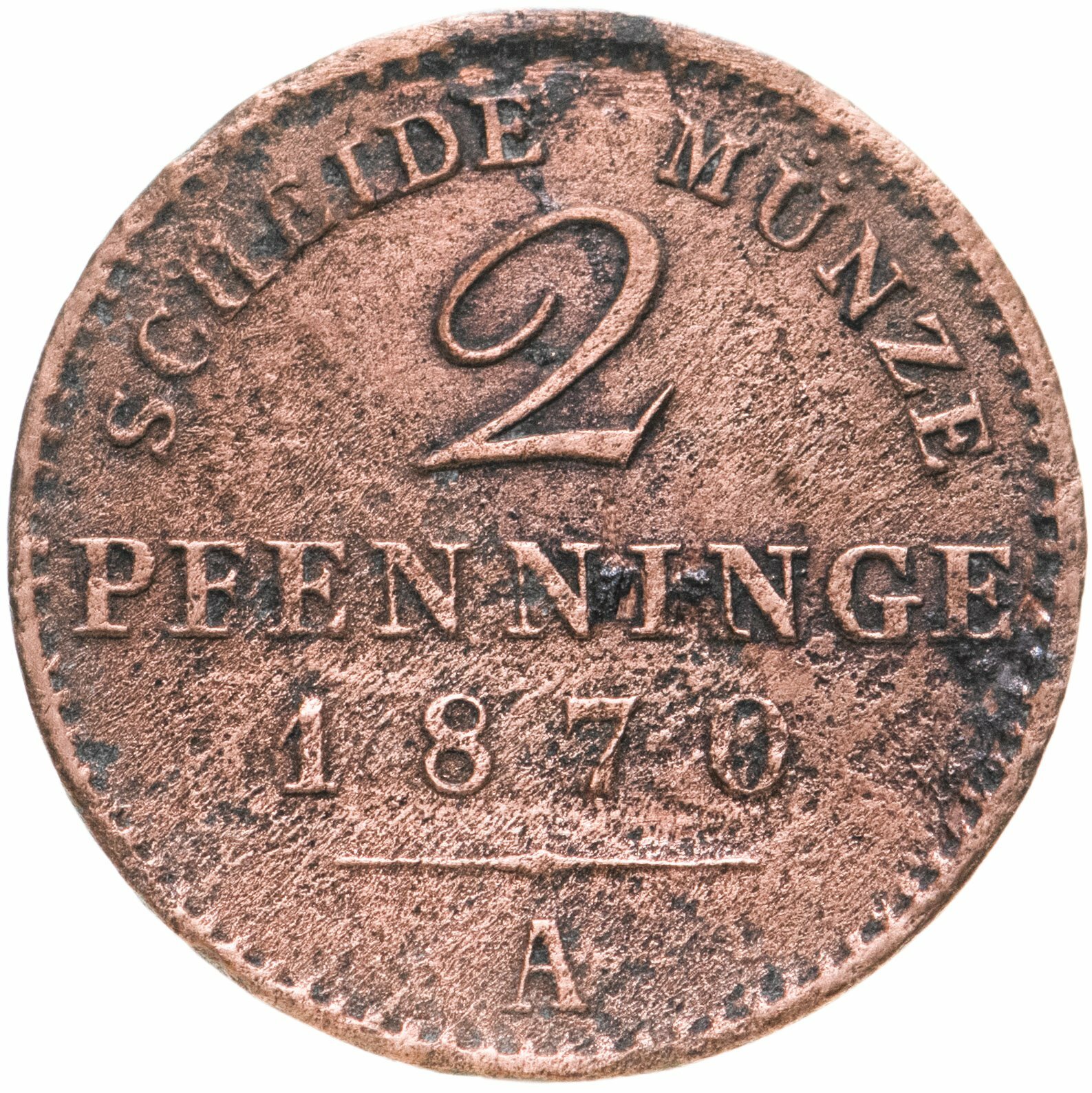 Германия, Пруссия 2 пфеннига 1870, Медь, в сохранности VF