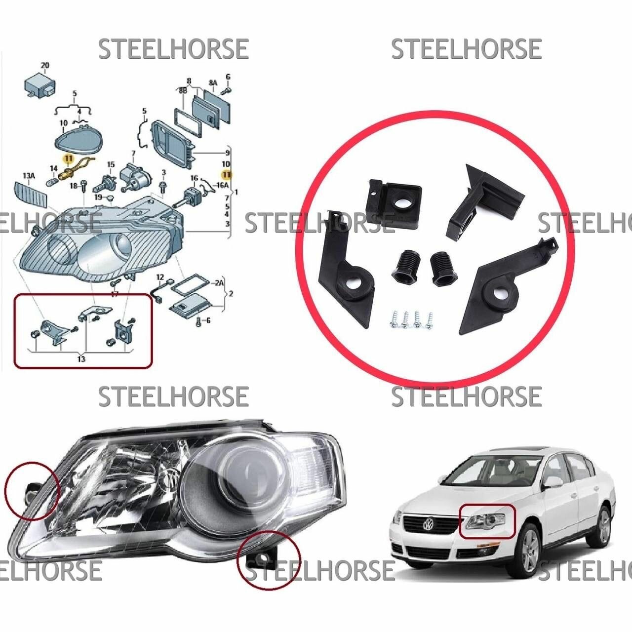 Кронштейн фары левой (к-кт) VW Passat B6 2006-2011
