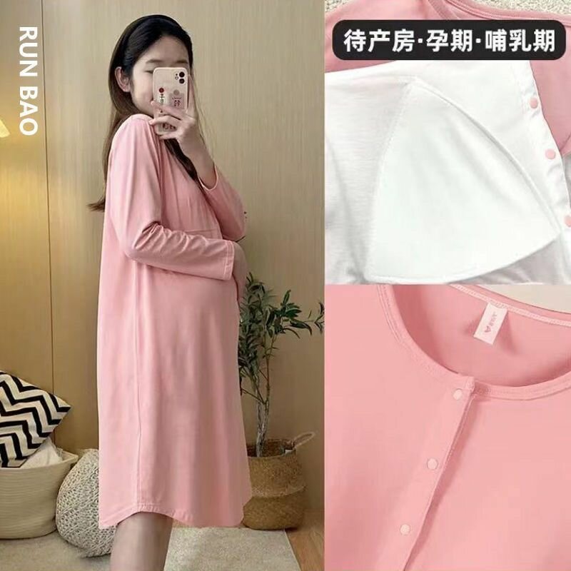 Ночная сорочка для беременных с нагрудными вкладышами для женщин, осенне-зимняя хлопковая одежда для кормления, послеродовое платье больших размеров, уличное платье для беременных
