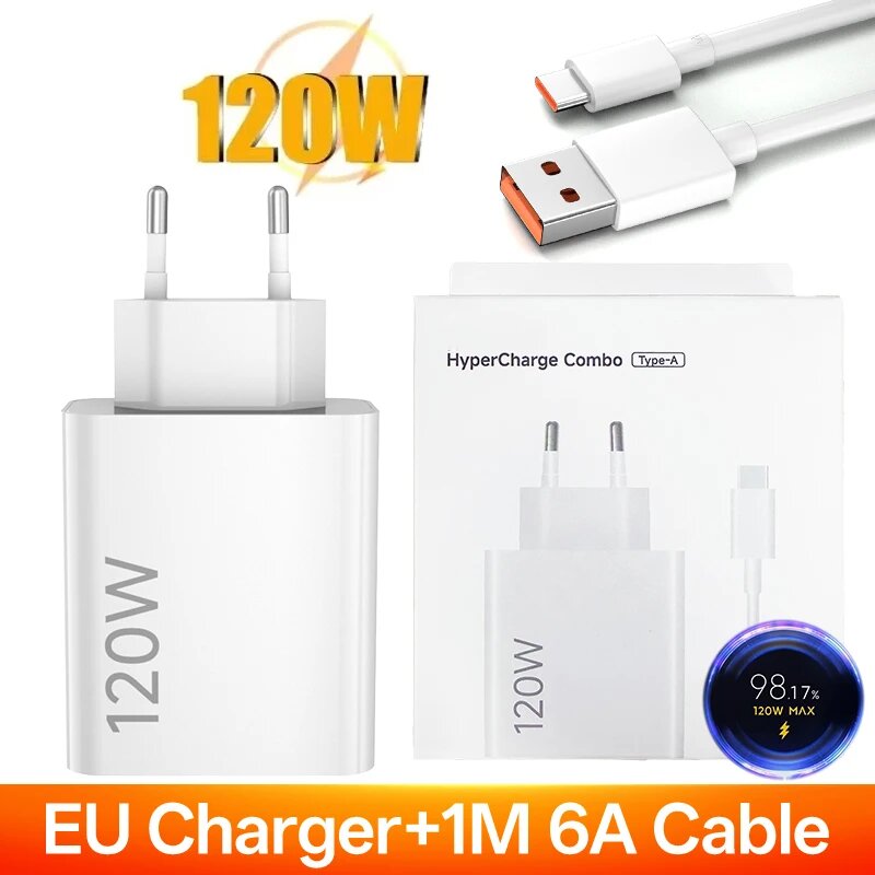 Быстрое Зарядное Устройство Xiaomi 120W С Кабелем USB Type-C 6A, Совместимое С EU with 1M Cable