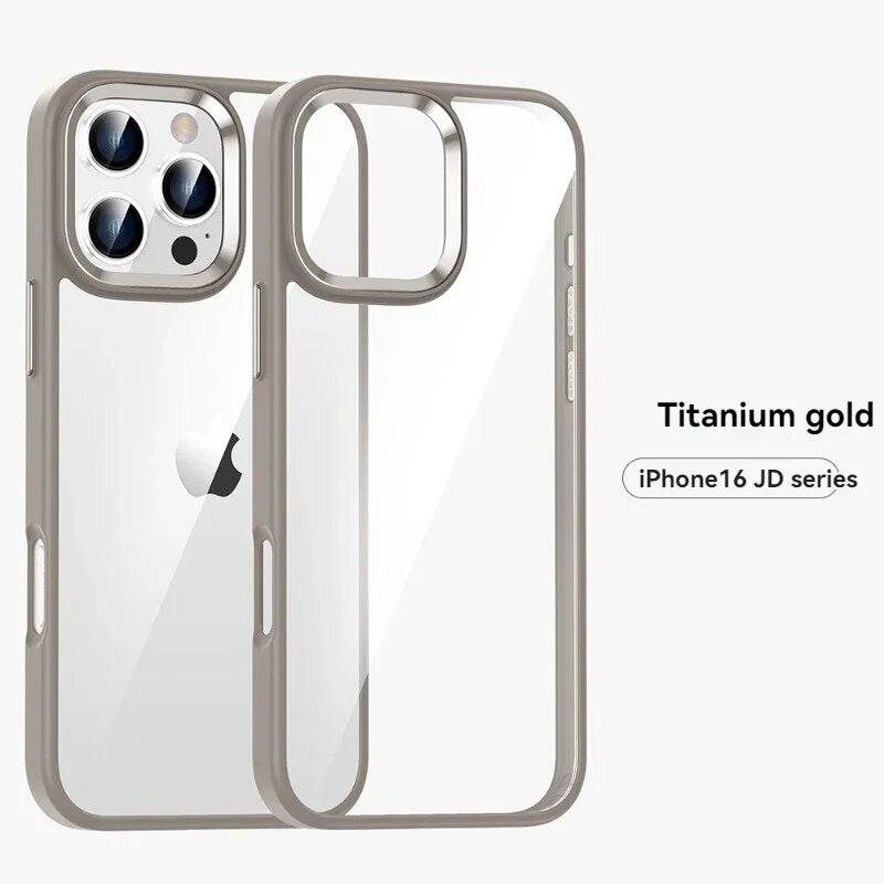 Роскошный прозрачный чехол для ПК для iPhone 16, 15, 14, 13, 12, 11 pro max 14, 15, 16 plus, металлические кнопки, чехол для пустыни, титановое золото, новый для iPhone 15 Pro Max, Titanium Gold