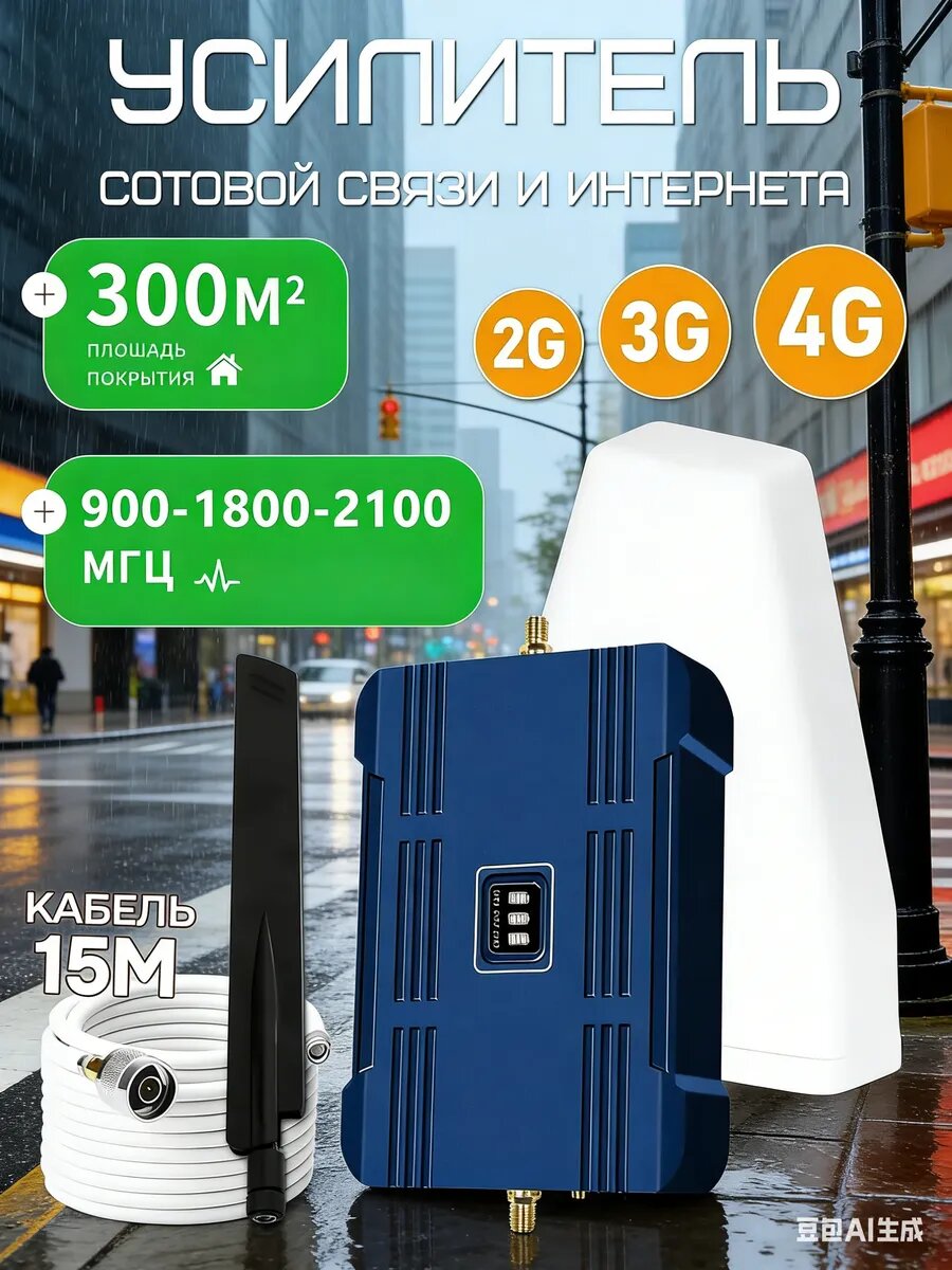 Усилитель сотовой связи 900/1800/2100 МГц (2G/3G/4G): до 70 км, направленный, синий, 1.3 кг