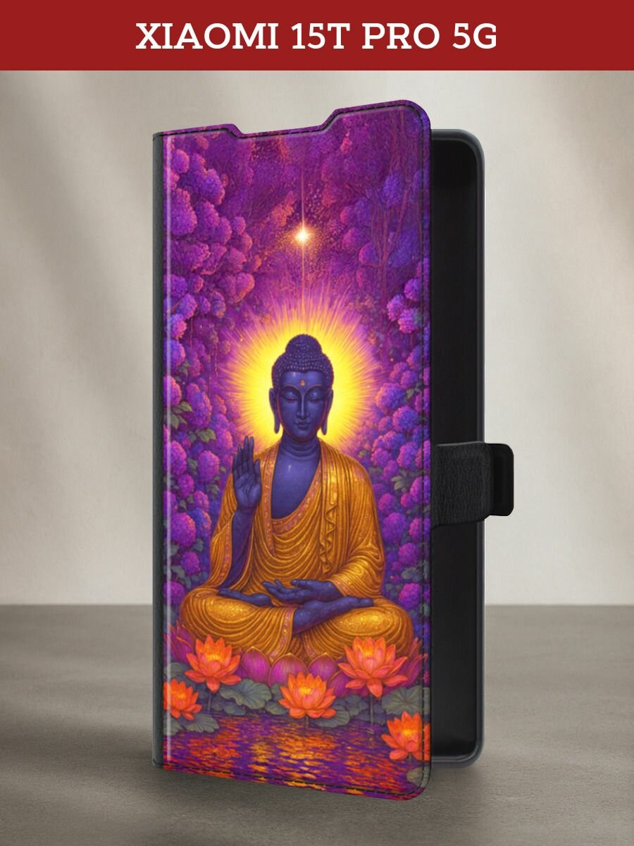 Чехол-книжка на Xiaomi 15T Pro 5G / Сяоми 15Т Про 5G с принтом Монах среди лотосов, черный