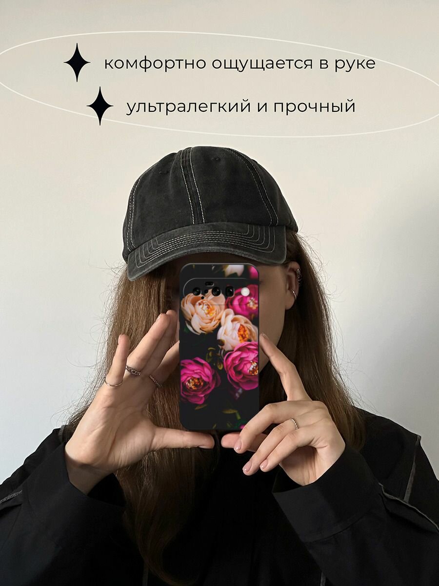 Черный матовый чехол на Google Pixel 10 / Гугл Пиксель 10 с принтом Розовые пионы на черном — фото 1