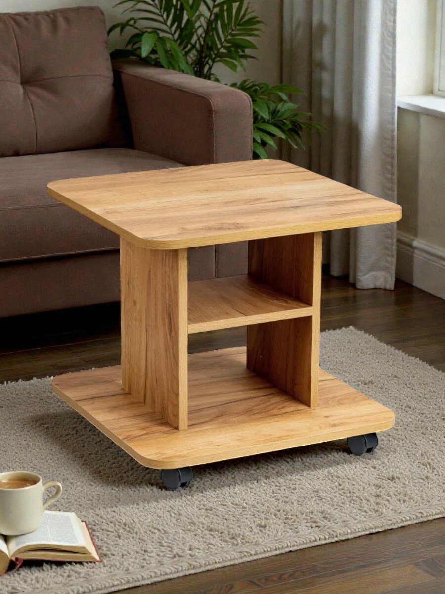 Стол журнальный K-Home СЭМ-1, подкатной, на колесиках, дуб крафт золотой, 50 см