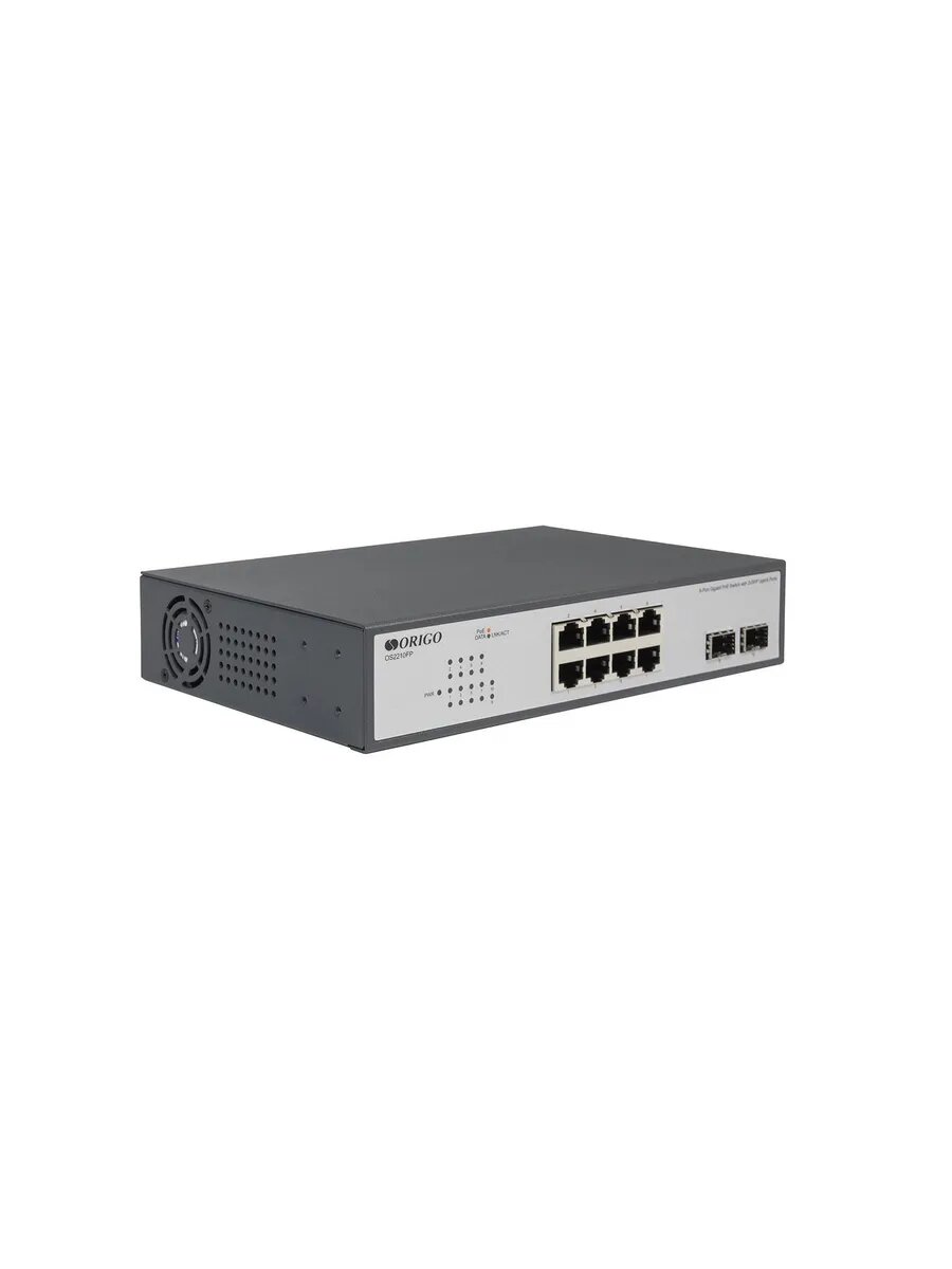 Коммутатор Origo OS2210FP/120W/A1A черный, 8x1000Base-T PoE, 2x1000Base-X SFP, неуправляемый