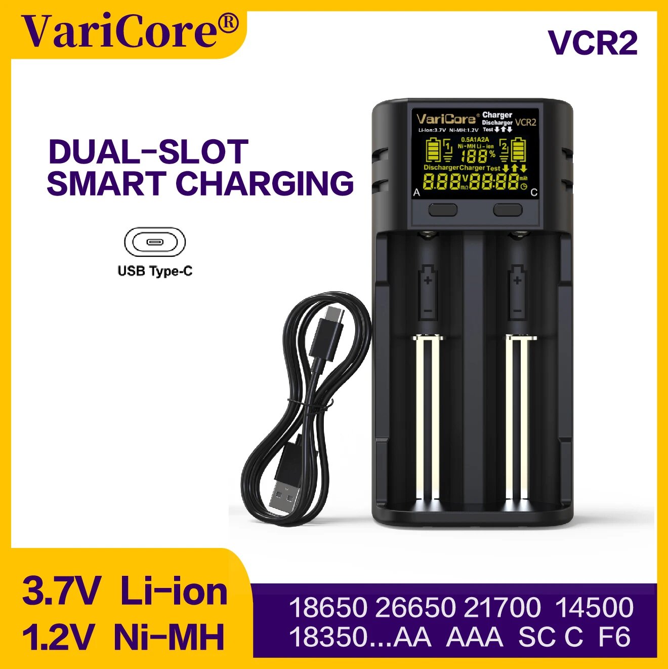 Интеллектуальное зарядное устройство, зарядное устройство, скорость быстрой зарядки, 1,2 В Ni-MH 3,7 В Li-ion/18650/21700/26650/32650/AA/AAA VariCore-VVV