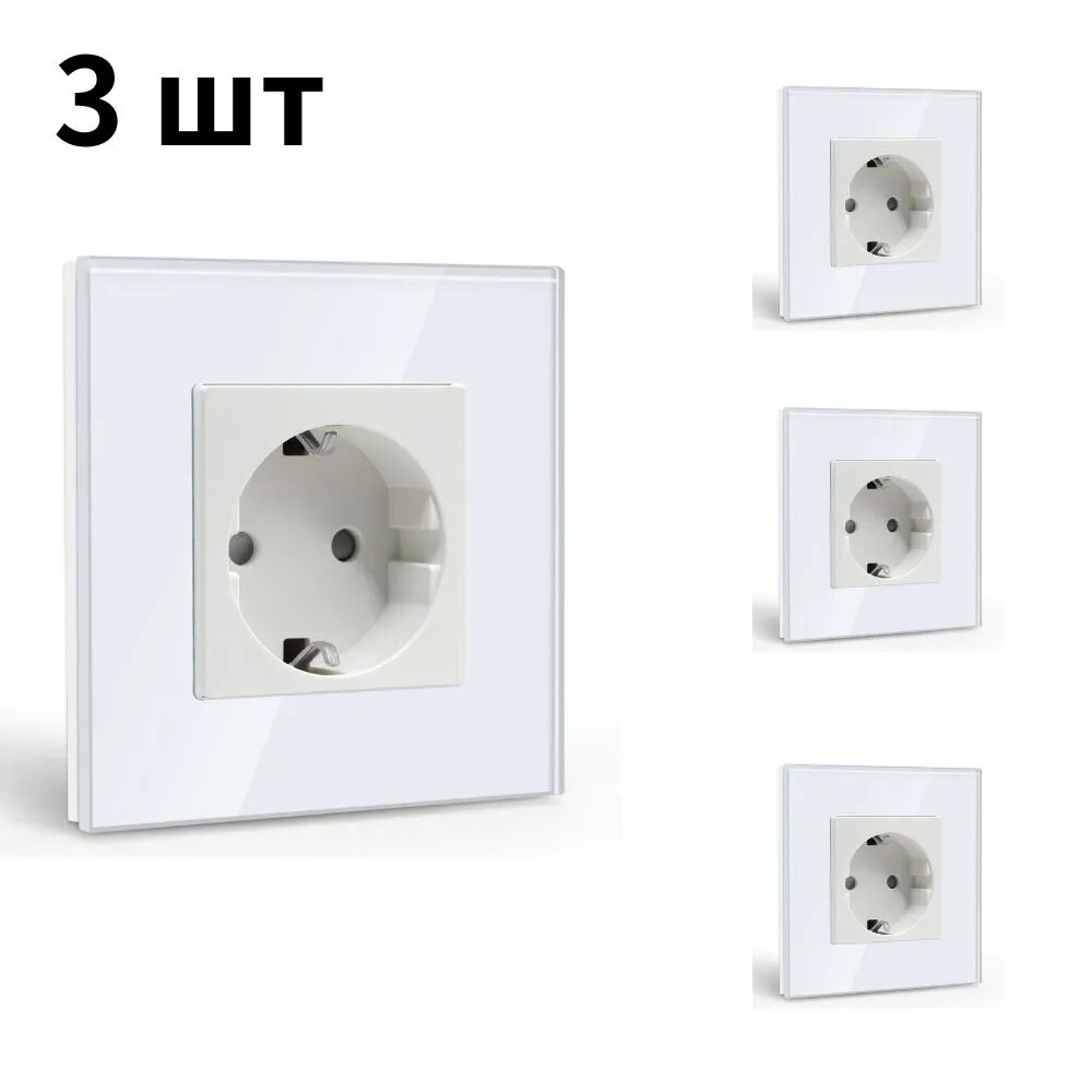 Розетка одинарная 1 пост 16А 250В рамка стекло ,3 шт