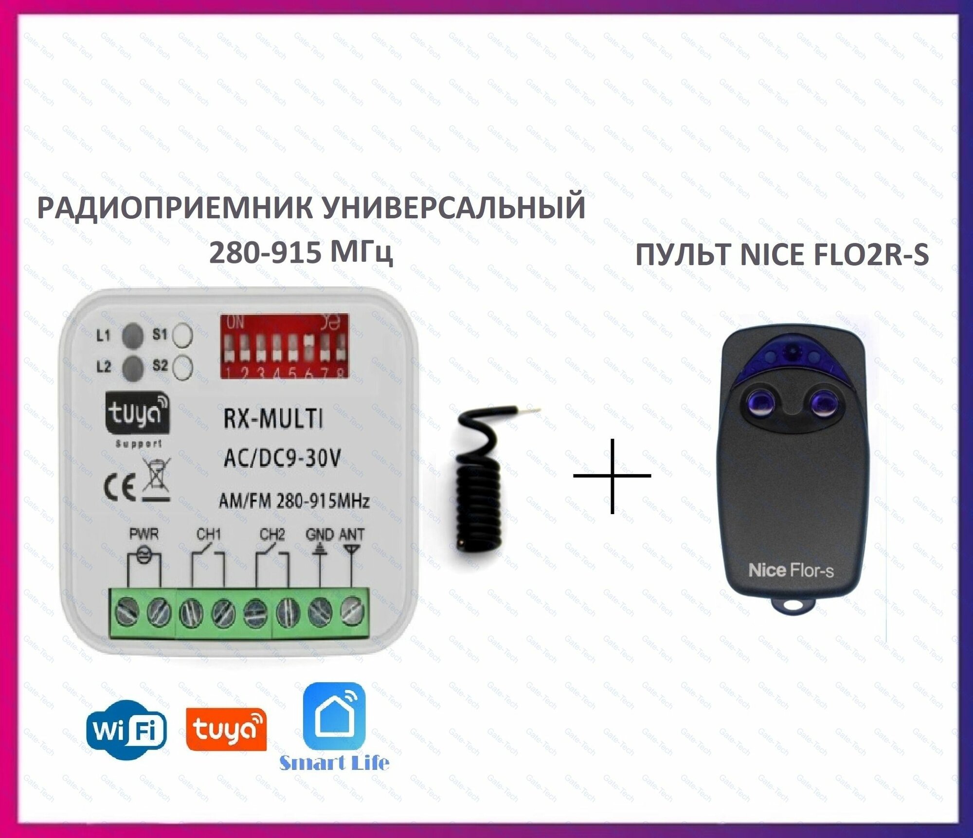 Радиоприемник внешний универсальный 2-х канальный для ворот и шлагбаумов RX-MULTI Wi-Fi Tuya Smart 300-868MHz AC/DC9-30v (мультичастотный) + пульт Nice FLO2R-S