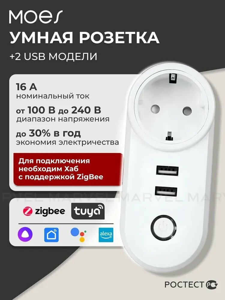 Умная розетка с таймером включения и выключения Moes ZP-LZ-EU2U-WH-MS / голосовое управление, сценарии работы, 2xUSB, ZigBee, Tuya, Smart Life, белый