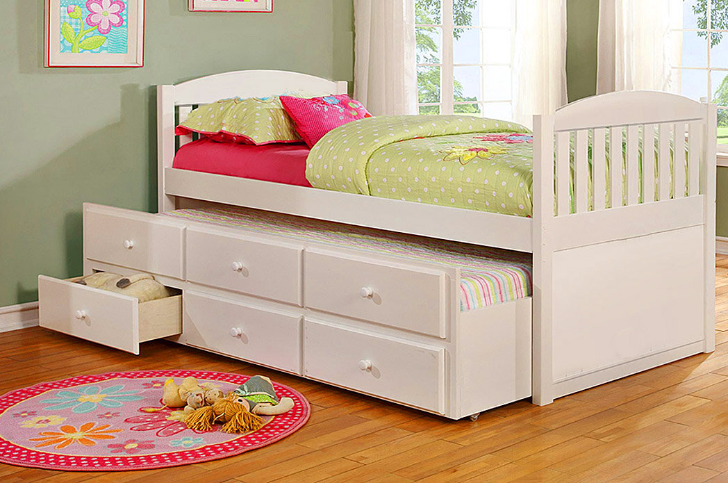 Кровать для 2-х детей выкатная катрина 90х190 белая из массива с ящиками на направляющих (без матраса)