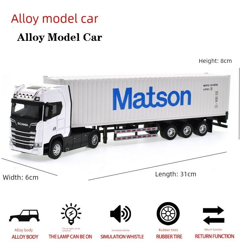 Белая модель грузовика Scania из сплава с белым контейнером Matson, игрушечный трейлер 15см Д x 7см Ш x 12см В