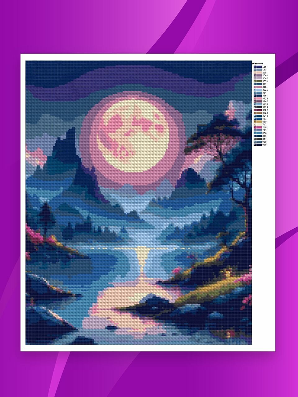 Алмазная мозаика без подрамника - вышивка Лунный пейзаж 40 х 50 см