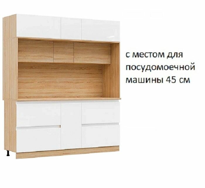 Кухня Карина ЛДСП. Центральная секция 205 см. Белый глянец, Дуб сонома